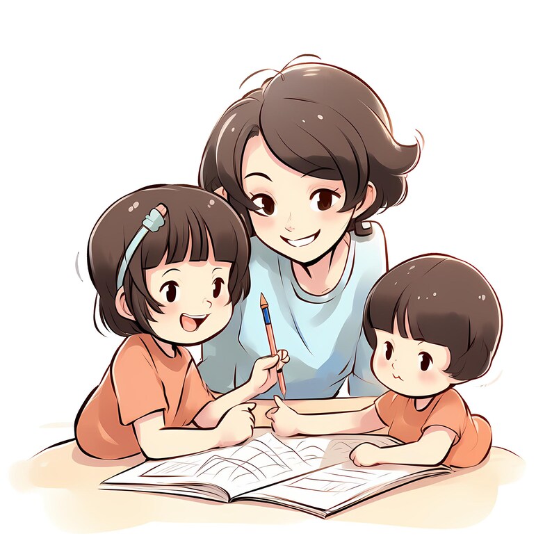 Mom Teaching Her Kids Clipart Bundle, Cute Chibi Mom and Kids Studying ...