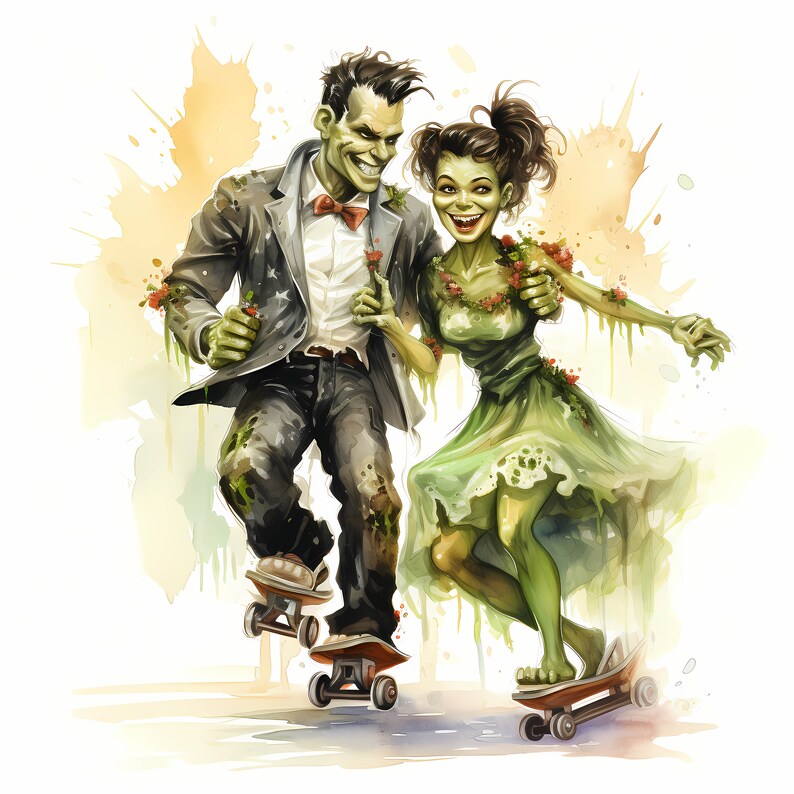 Halloween Zombie Sketch Groom and Bride Watercolor Clipart, Halloween ...