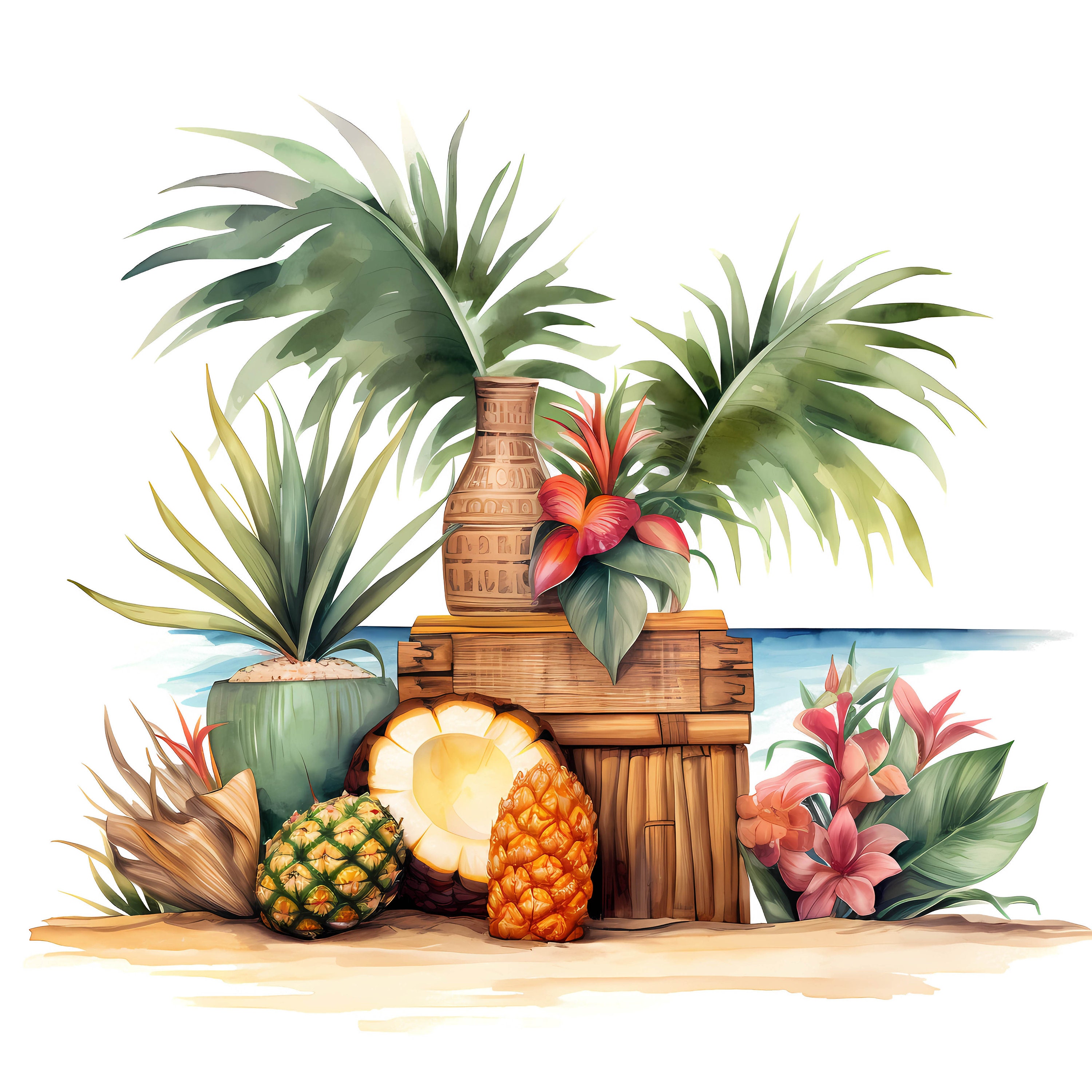Hawaii Design Elements Watercolor Drawing Clipart Bundle, Tropical ...