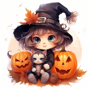 Halloween Cute Little Witch Portrait Watercolor Clipart Bundle ...