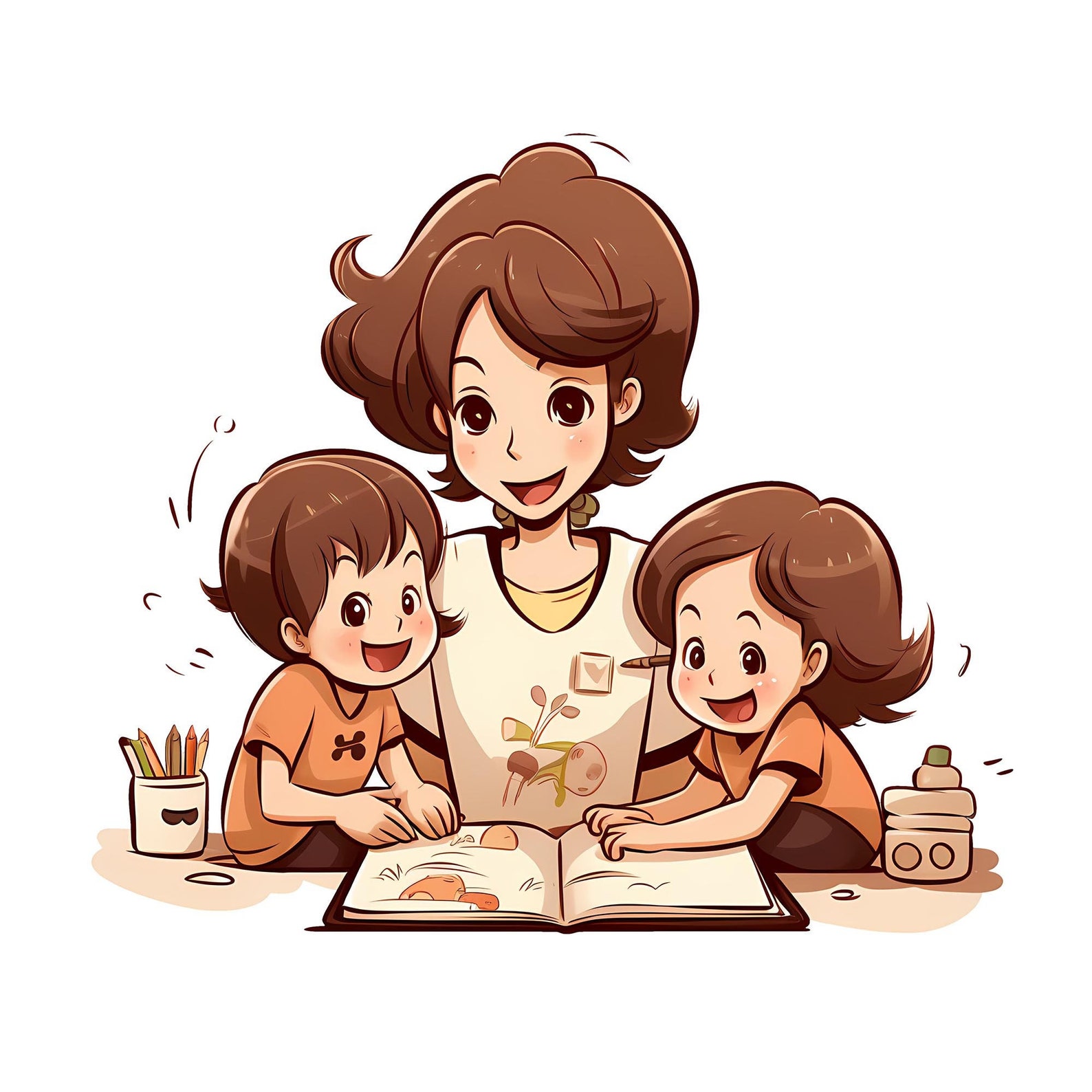 Mom Teaching Her Kids Clipart Bundle, Cute Chibi Mom and Kids Studying ...