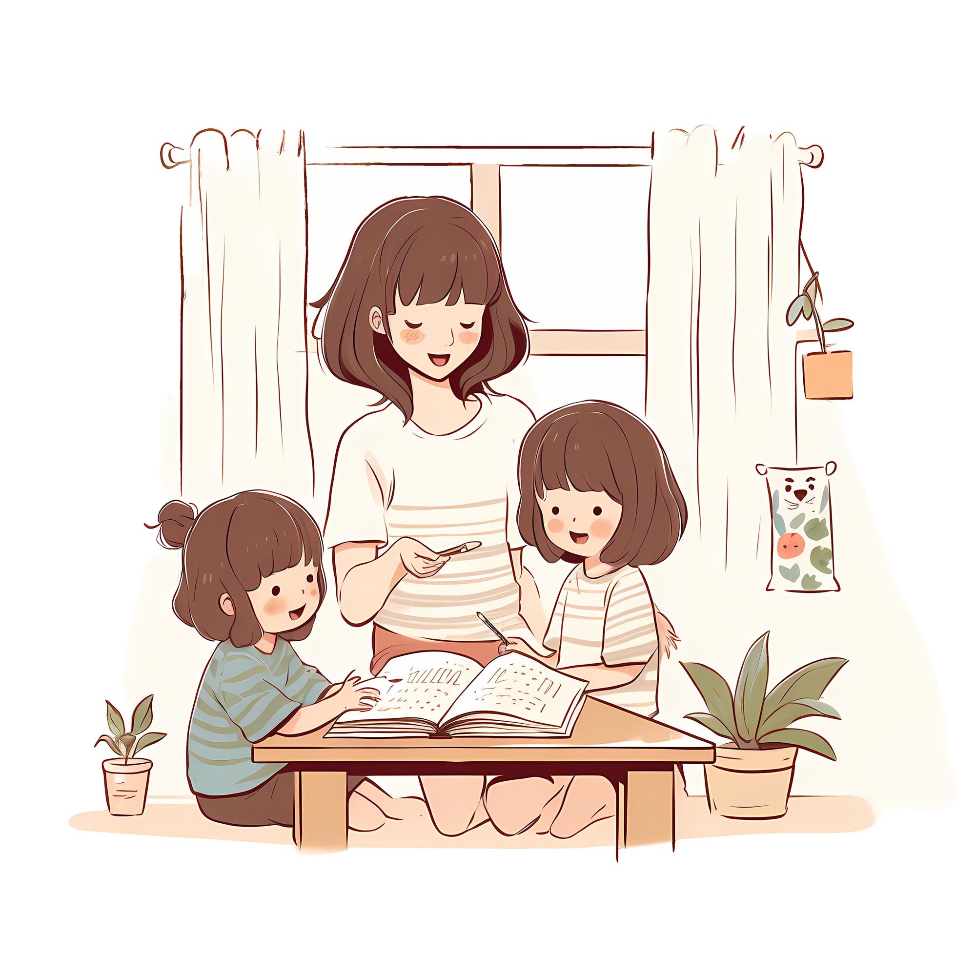 Mom Teaching Her Kids Clipart Bundle, Cute Chibi Mom and Kids Studying ...