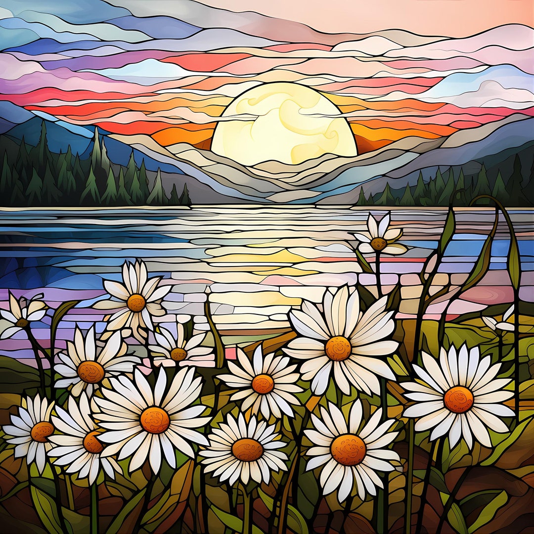 Stained Glass Sunrise Daisy Lake Clipart, Stained Glass Lake Set ...