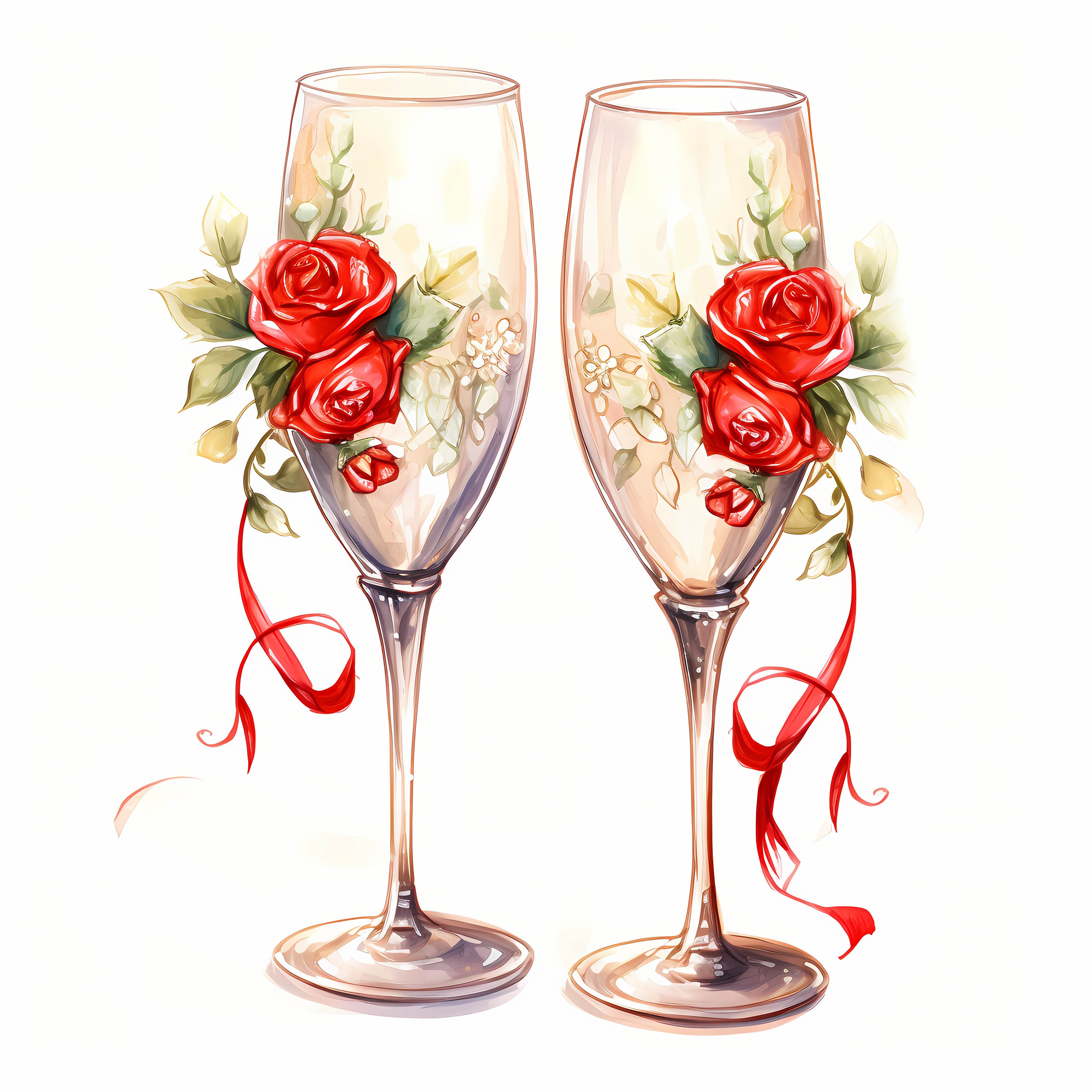 Wedding Glasses Watercolor Clipart Bundle, Decorated Champagne Wedding ...