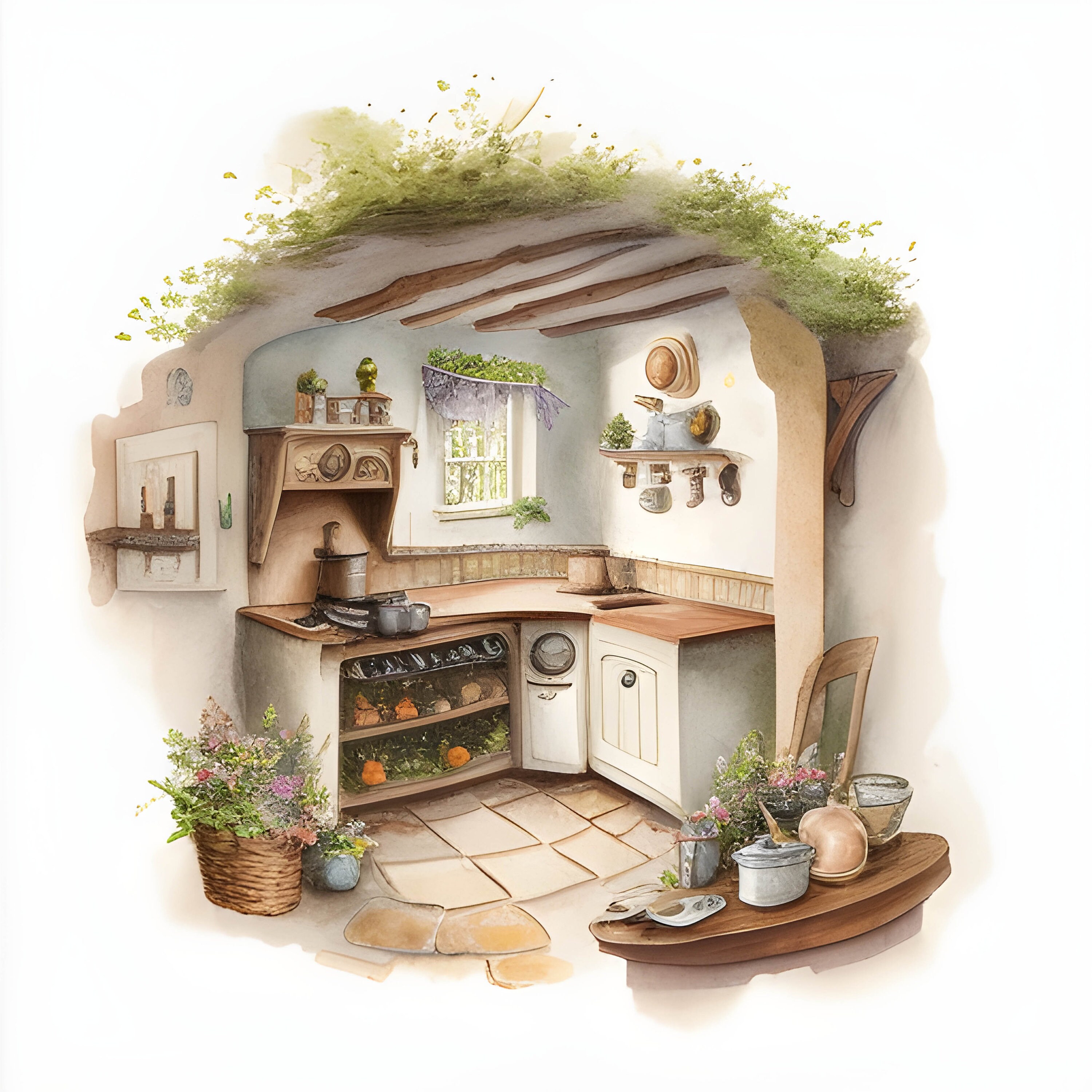 Watercolor Farm House Cottage Country Kitchen Clipart, Cozy Watercolor ...