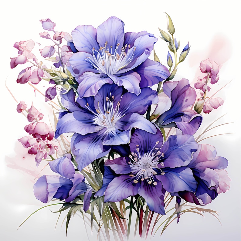 Larkspur Flowers Bouquet Watercolor Clipart, Floral Larkspur Bouquet ...