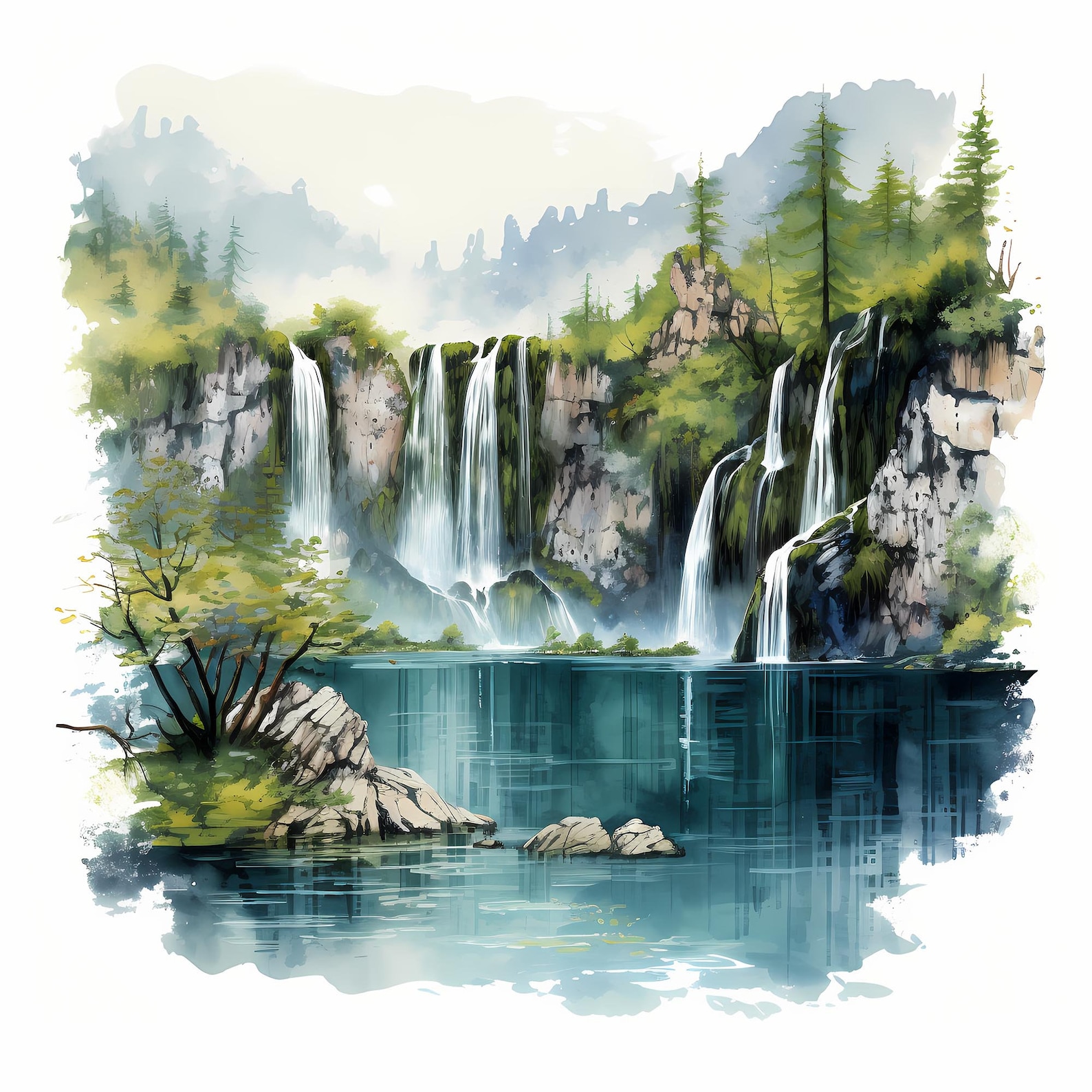 Plitvice Lakes National Park Watercolor Sketch, Plitvice Lakes National ...