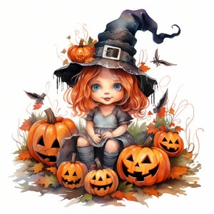 Halloween Cute Little Witch Portrait Watercolor Clipart Bundle ...