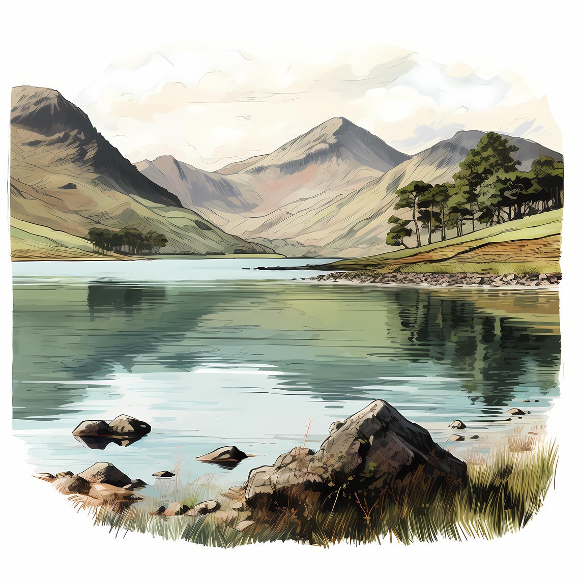 Lake District National Park Watercolor Sketch Art Lake - Etsy