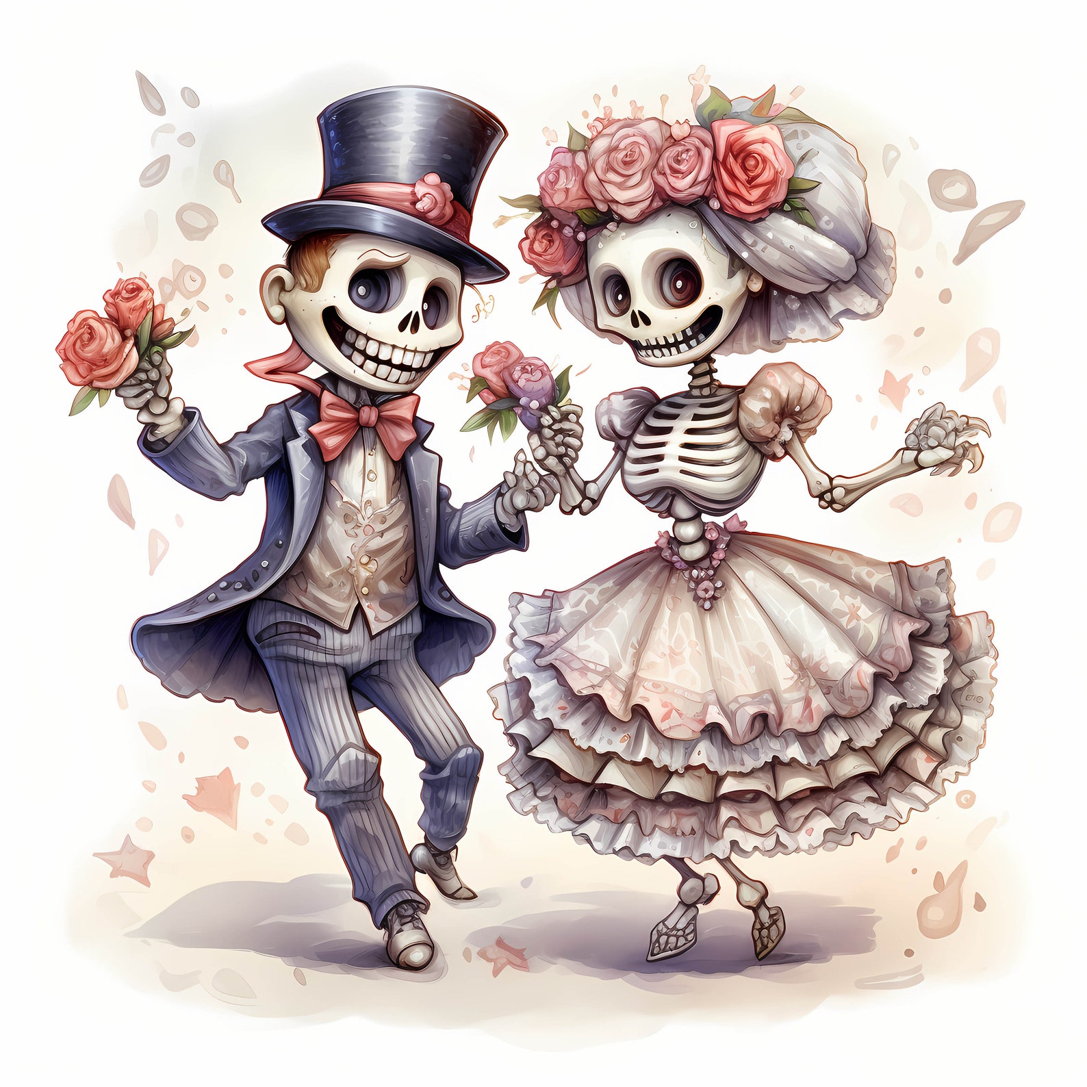 Halloween Spooky Romantic Skeleton Couple Dancing Salsa Watercolor ...