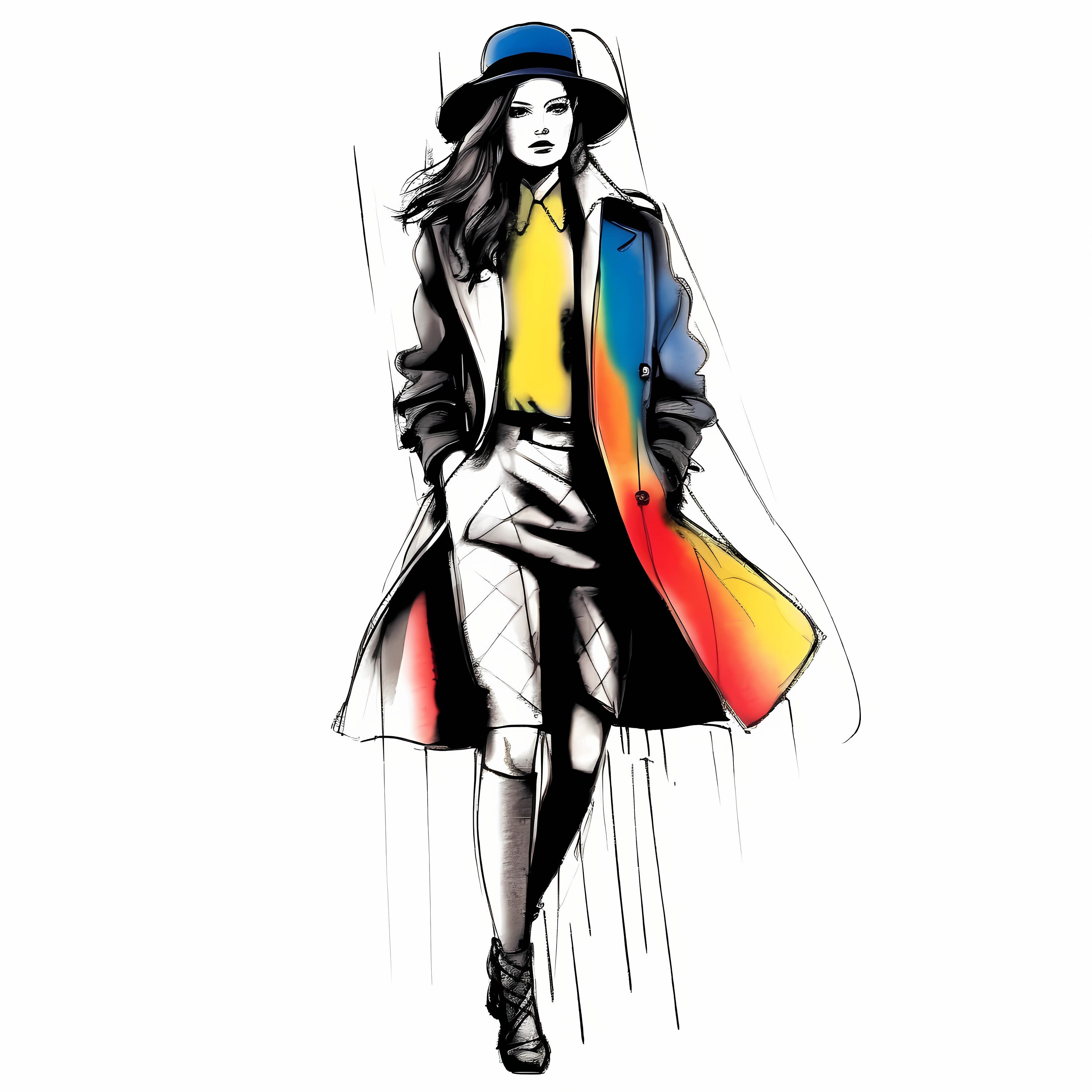 Watercolor Pencil Sketch Vibrant Fashion Girl Clipart, Modern Street ...