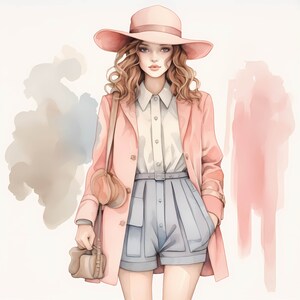 Pastel Pencil Sketch Stylish Fashion Girl Watercolor Clipart, Elegant ...