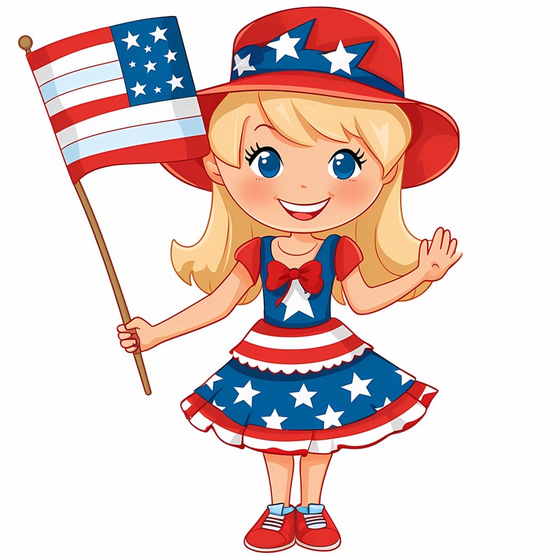 Cartoon American Girl Clipart Independence Day Clipart July - Etsy