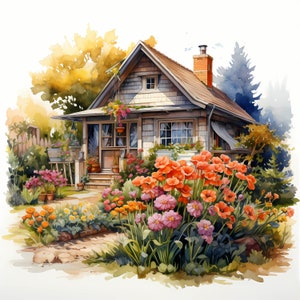 Cottage Home Garden Watercolor Clipart Bundle, Beautiful Home Garden ...