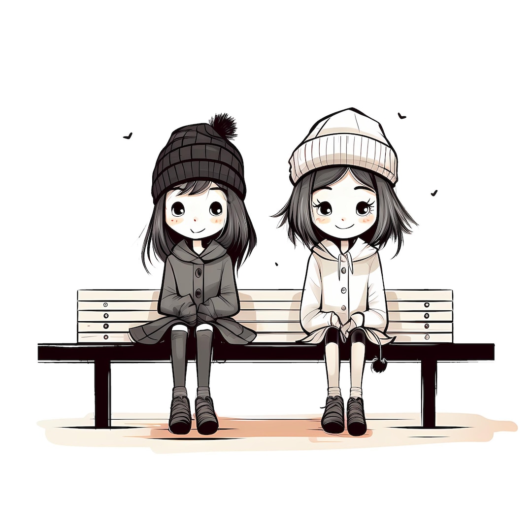 Cute Girls Sitting on A Bench Sketch PNG Clipart, Cute Chibi Girls on A ...