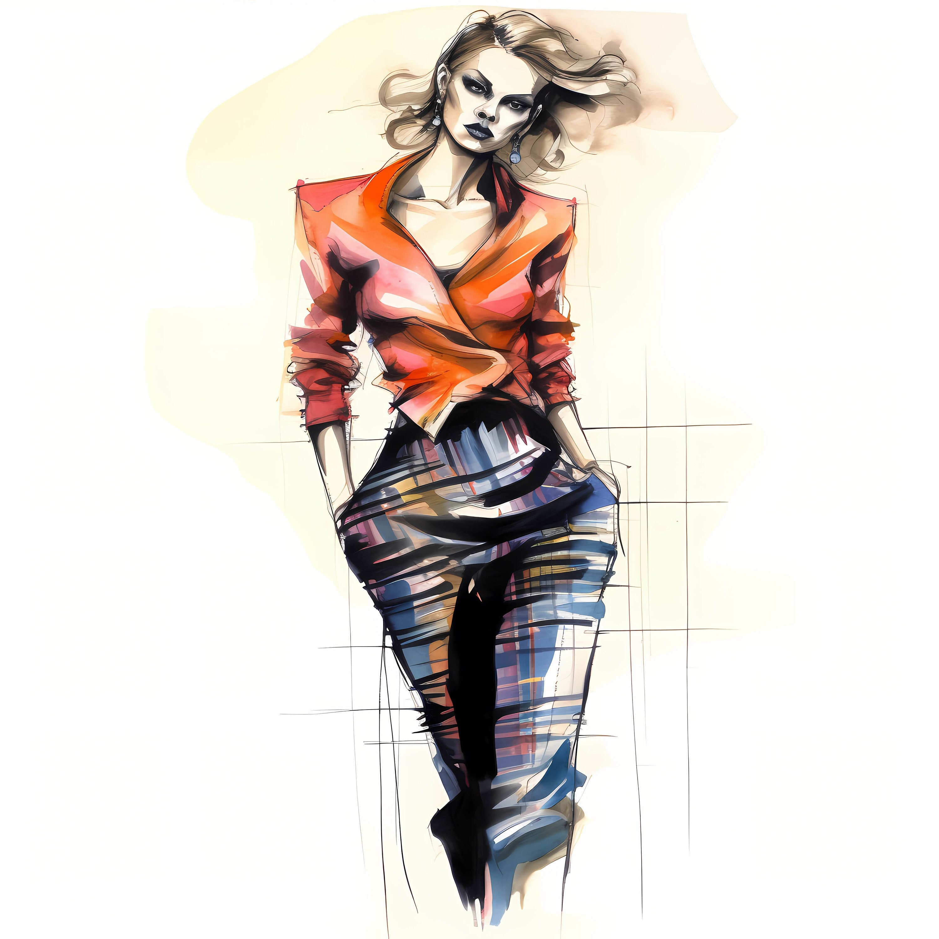 Watercolor Pencil Sketch Stylish Fashion Girl Clipart, Modern Street ...