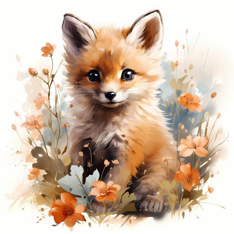 Cute Baby Fox Watercolor Clipart Bundle, Fox in Meadow Clipart ...