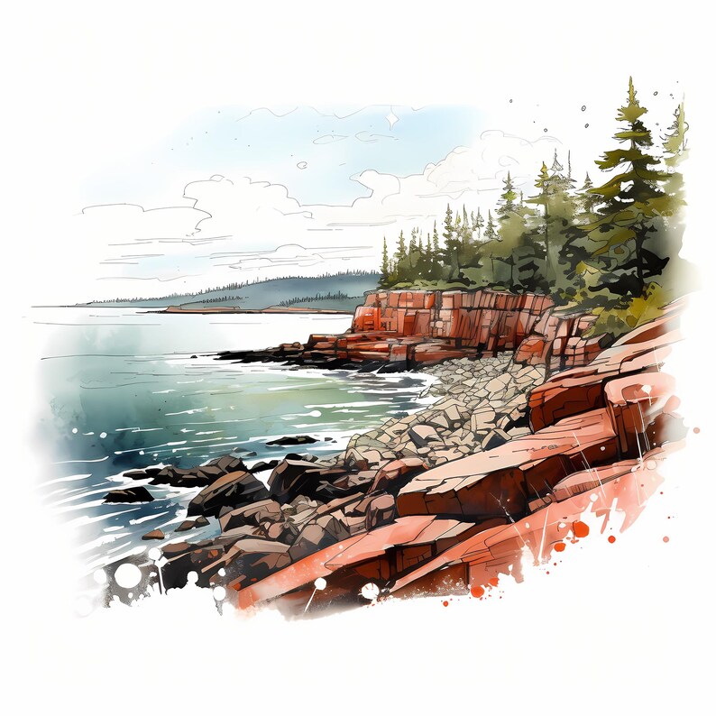 Acadia National Park Watercolor Sketch Art Bundle, Acadia National Park ...