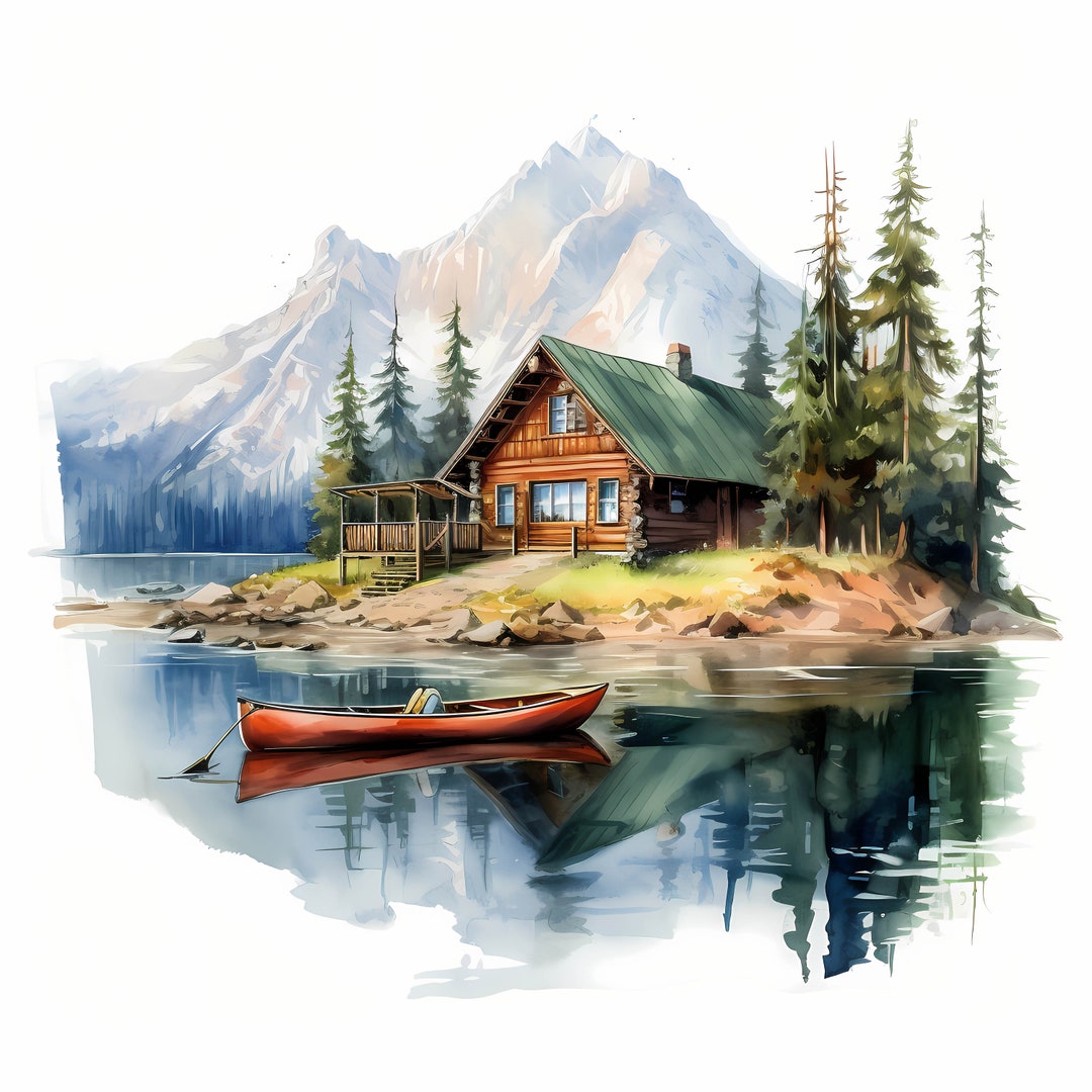 Romantic Mountain Cabin Watercolor Clipart Bundle, Mountain Cabin ...