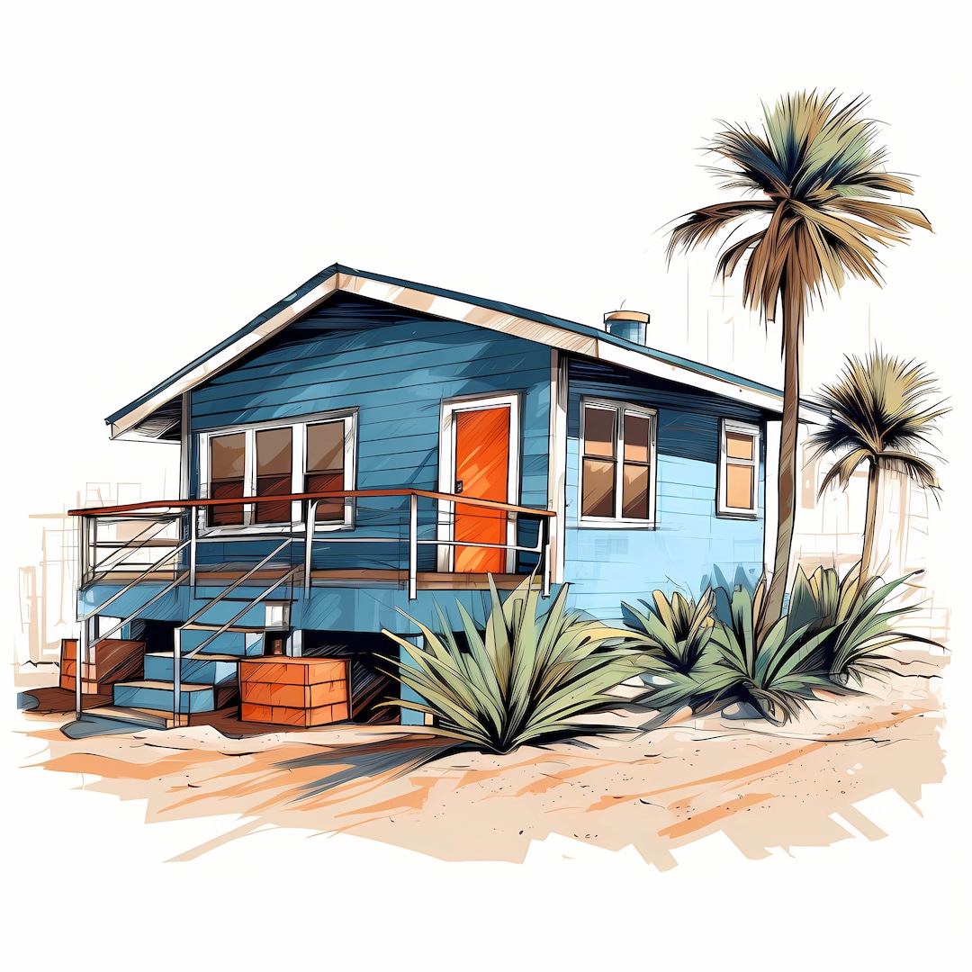 Romantic Beach House Watercolor Clipart Bundle, Tropical Beach Bungalow ...