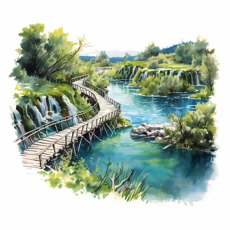 Plitvice Lakes National Park Watercolor Sketch, Plitvice Lakes National ...