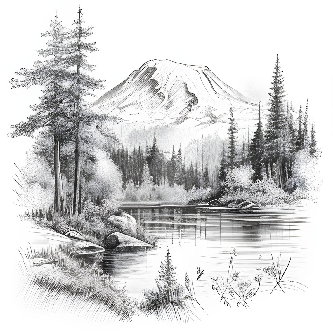Minimalist Sketched Mountain Landscape Lake Clipart, Mountain Lake ...