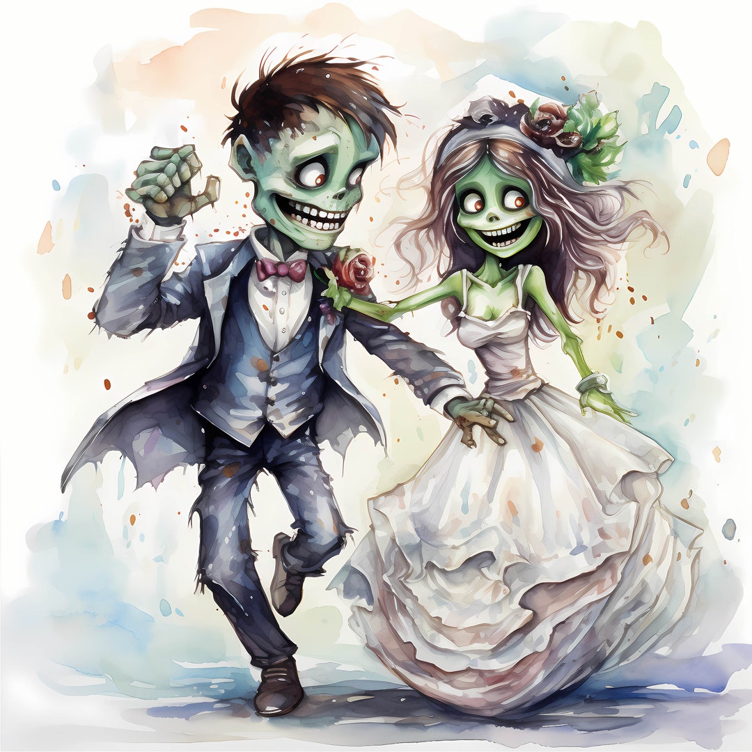 Halloween Zombie Sketch Groom and Bride Watercolor Clipart, Halloween ...