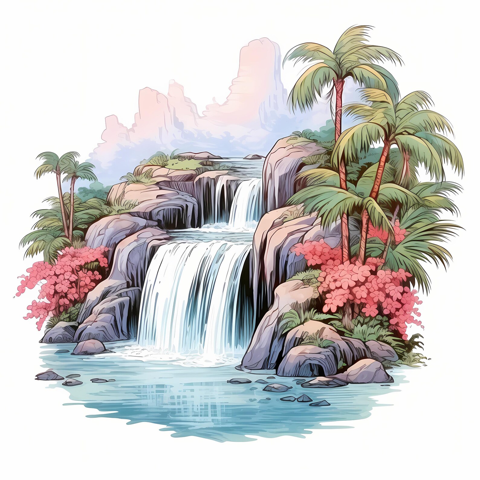 Misty Tropical Waterfall Watercolor Bundle, Tropical Waterfall ...
