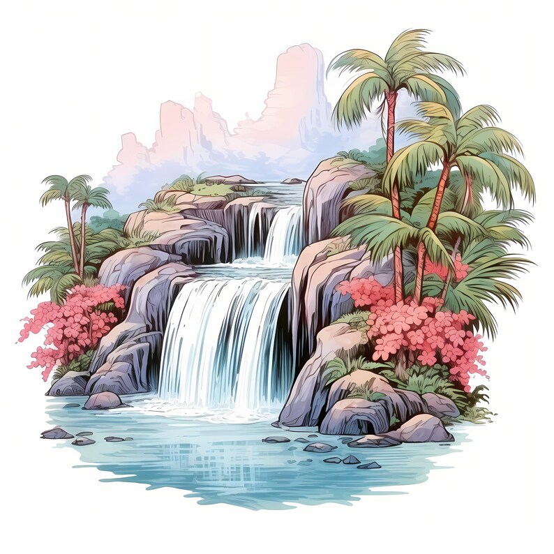 Misty Tropical Waterfall Watercolor Bundle Tropical Waterfall - Etsy