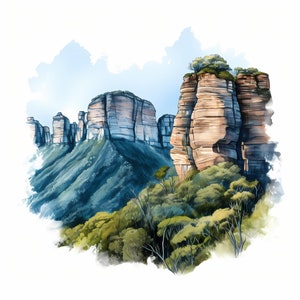 Blue Mountains National Park Watercolor Sketch Art Bundle, Blue ...