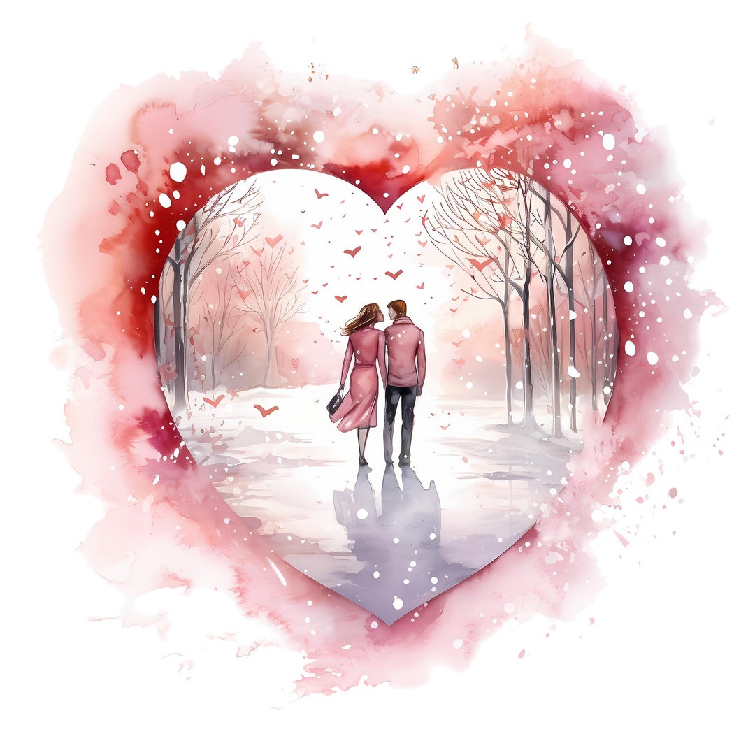 Cute Romantic Christmas Card Watercolor Clipart, Romantic Couple PNG ...