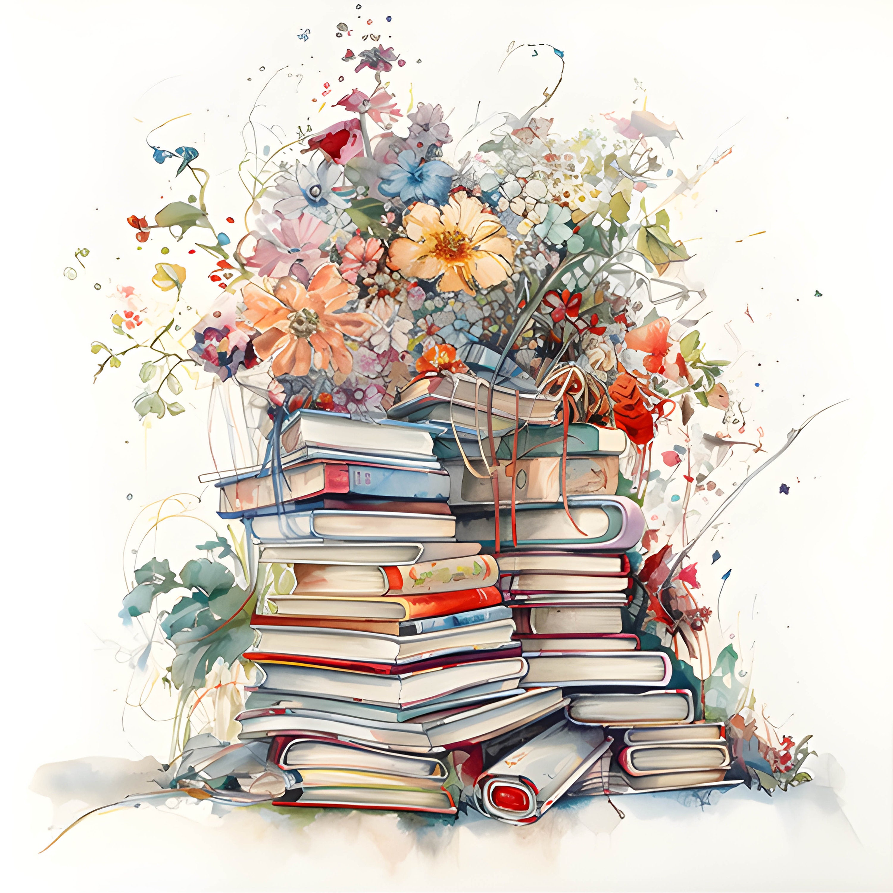 Watercolor Stack of Fantasy Books Clipart, Fantasy Books and Flowers ...