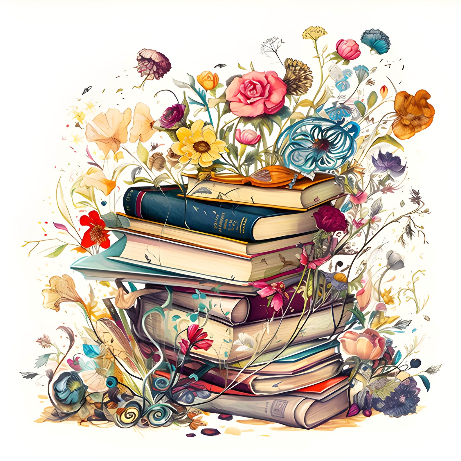 Watercolor Stack of Fantasy Books Clipart, Fantasy Books and Flowers ...