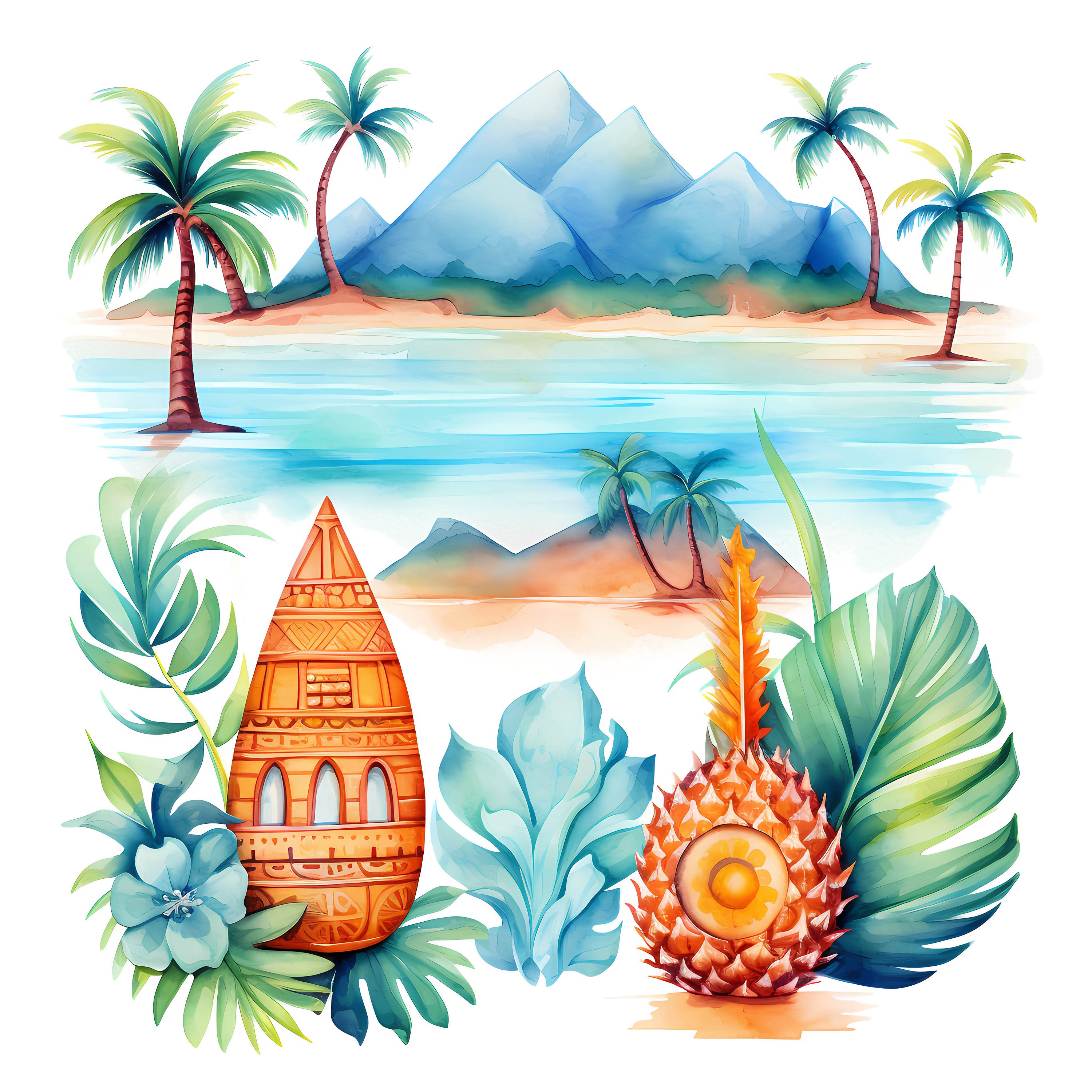 Hawaii Design Elements Watercolor Drawing Clipart Bundle, Tropical ...