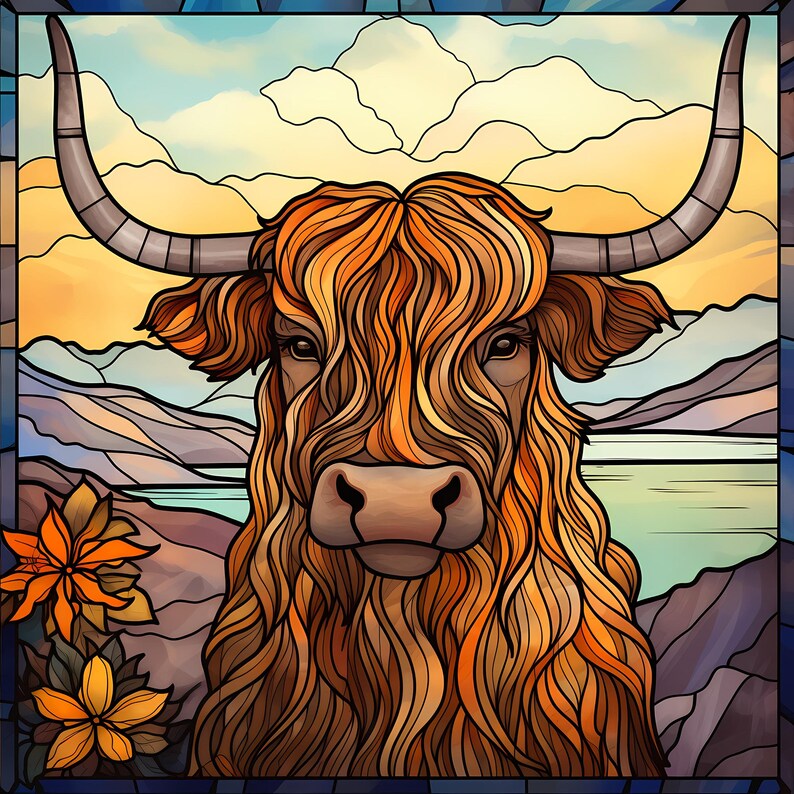 Stained Glass Highland Cow Clipart, Stained Glass Art Cute Highland Cow ...