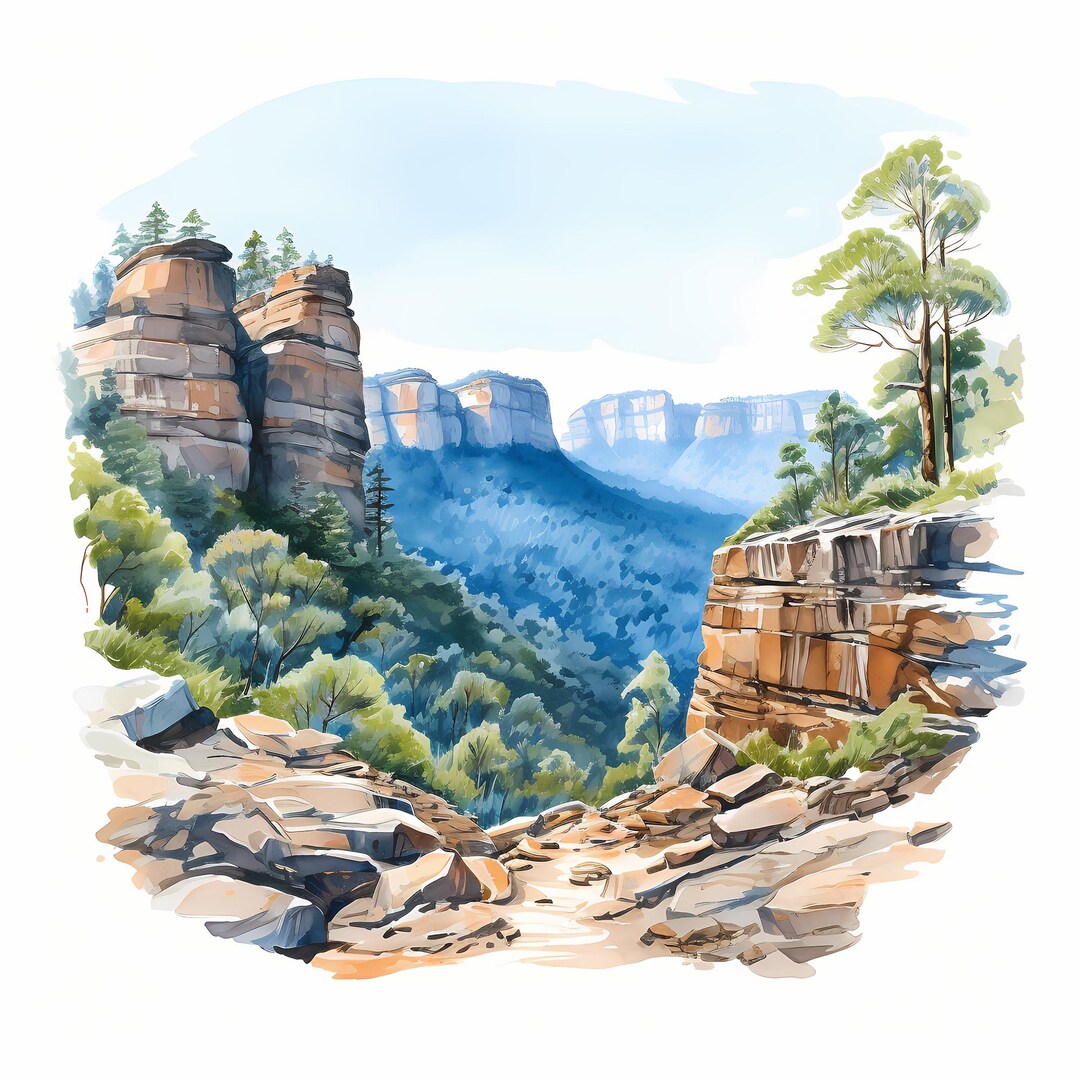 Blue Mountains National Park Watercolor Sketch Art Bundle, Blue ...
