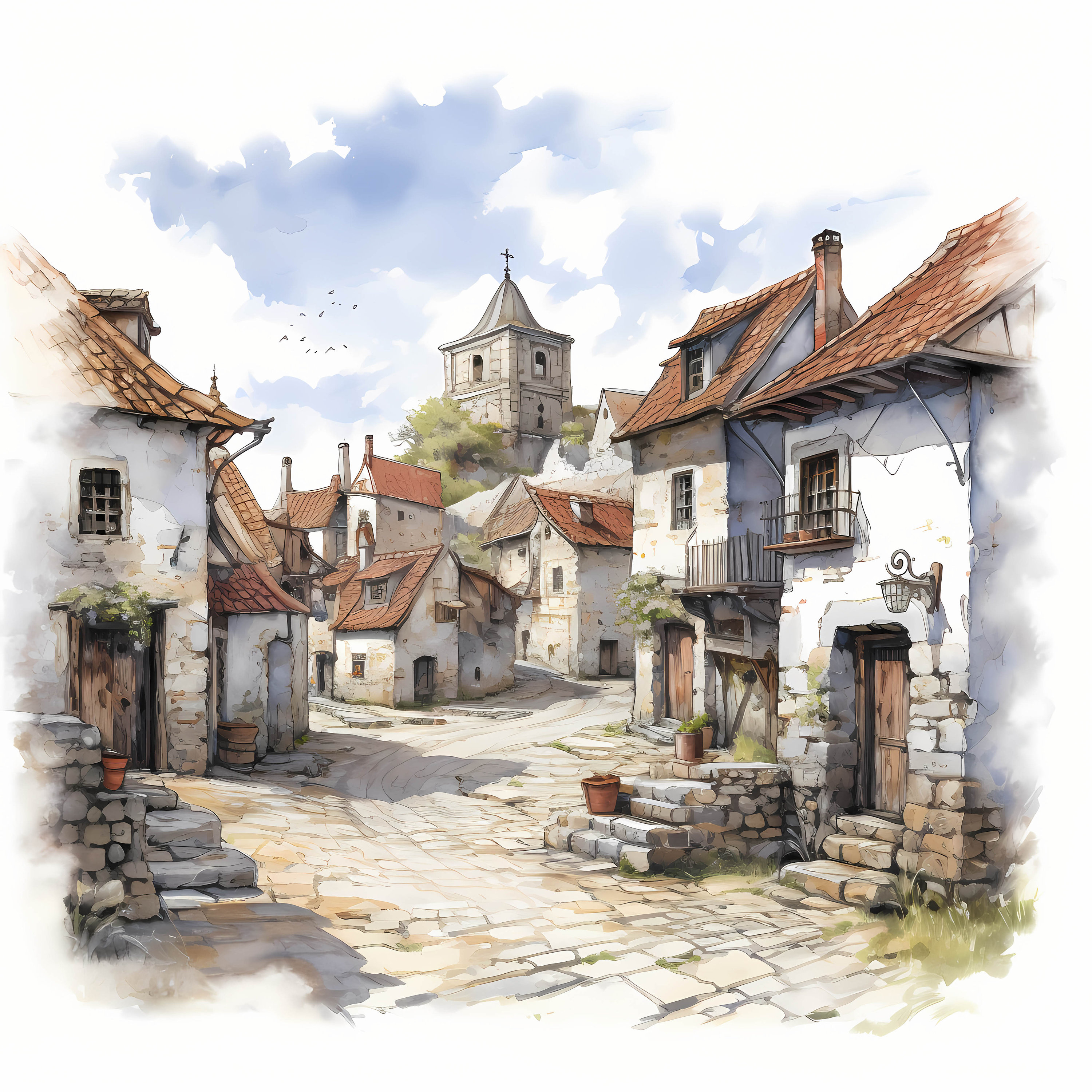 Beautiful Medieval Village Landscape Watercolor Clipart Bundle, Smartno ...