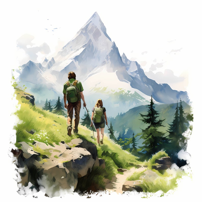 Mountain Hiking Drawing Clipart Bundle, Friends Hiking Clipart Set ...