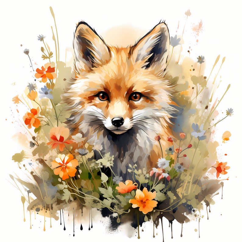 Cute Baby Fox Watercolor Clipart Bundle, Fox in Meadow Clipart ...