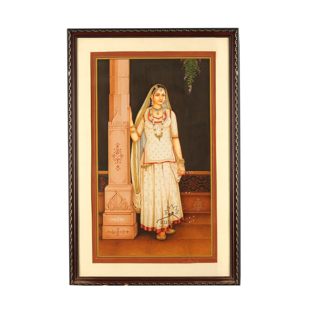 Rajasthani Lady in Sepia White Attire Handpainted Indian Miniature ...