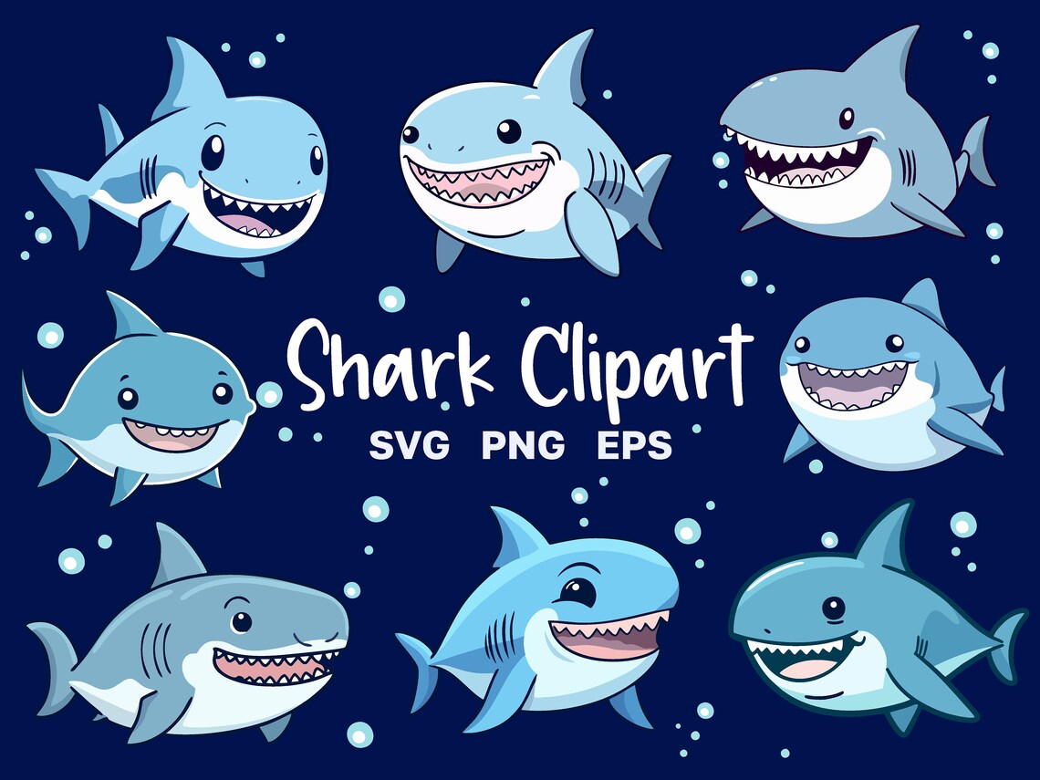 Cute Sharks SVG Clipart Underwater Life Bundle Baby Shark SVG Clip Art ...