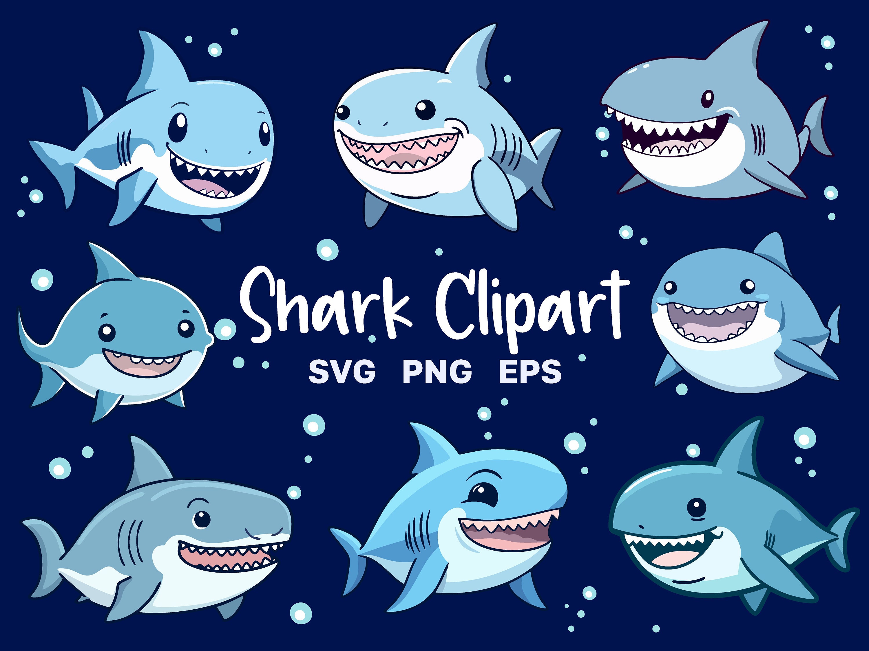 Cute Sharks SVG Clipart - Underwater Life Bundle - Baby Shark SVG Clip ...