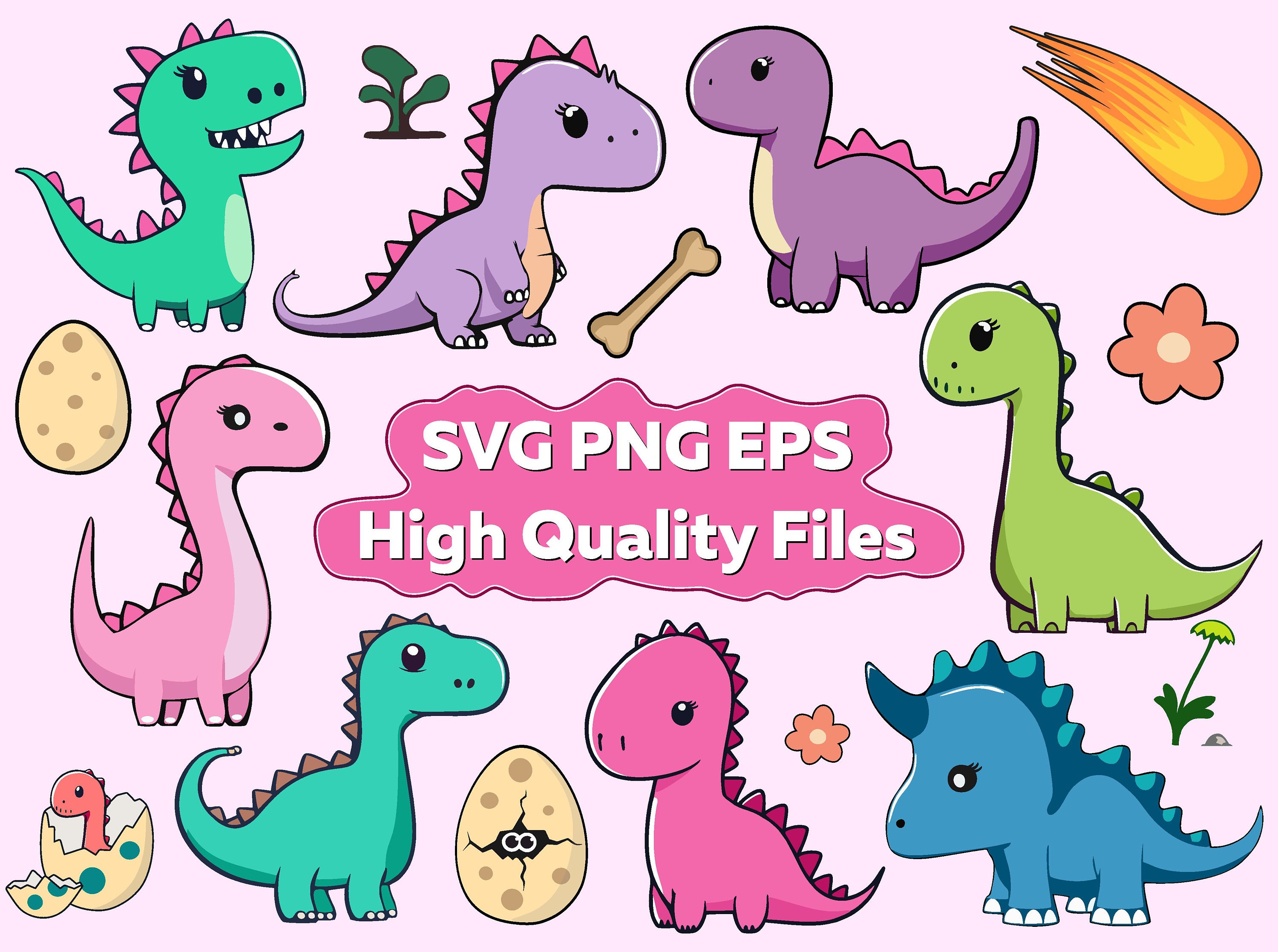 Dinosaur for Girls Clipart - SVG - PNG - EPS - Digital Cute Dinos Clip ...