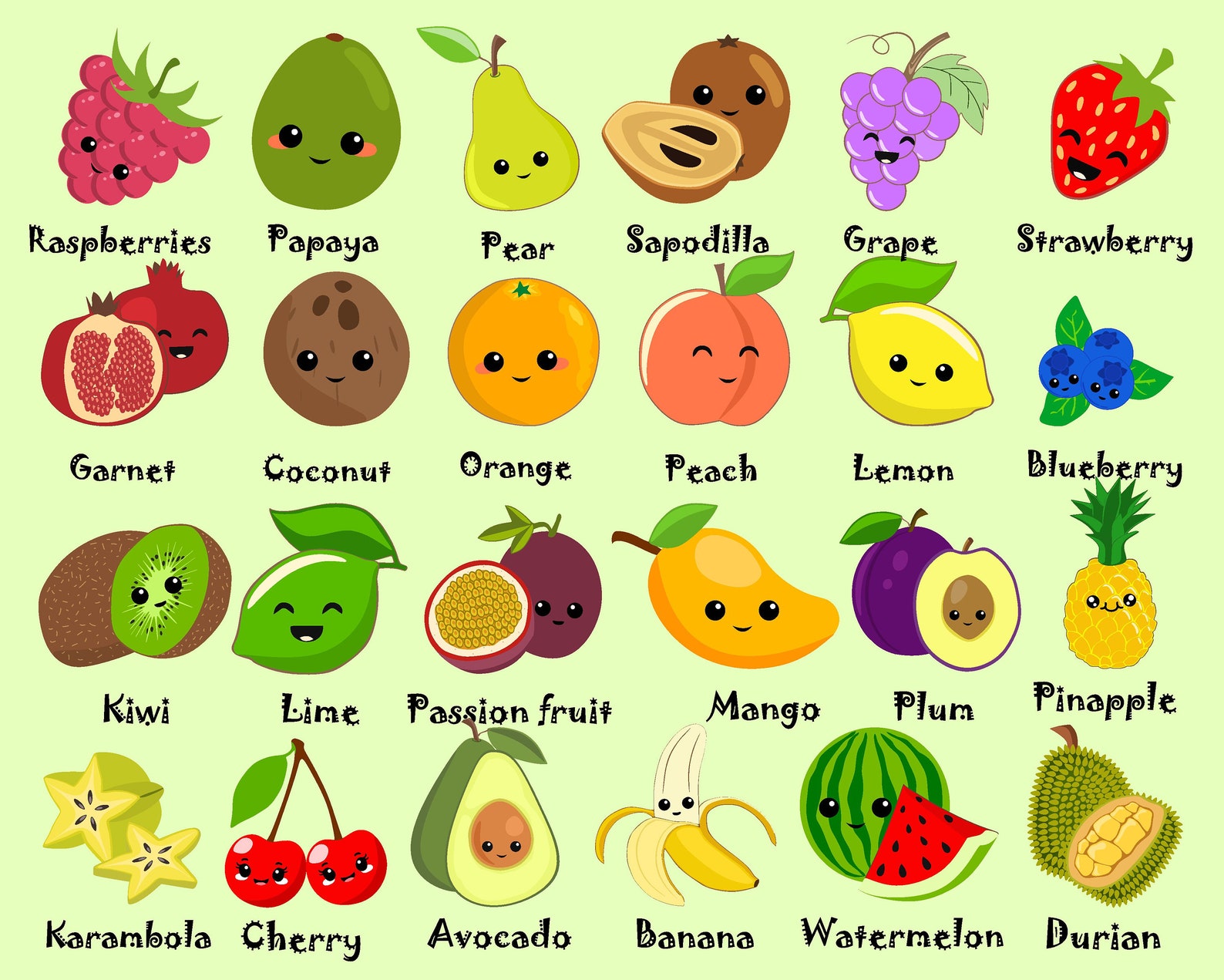 Cute Fruits SVG Clipart Kawaii Fruits PNG Bundle Vector - Etsy