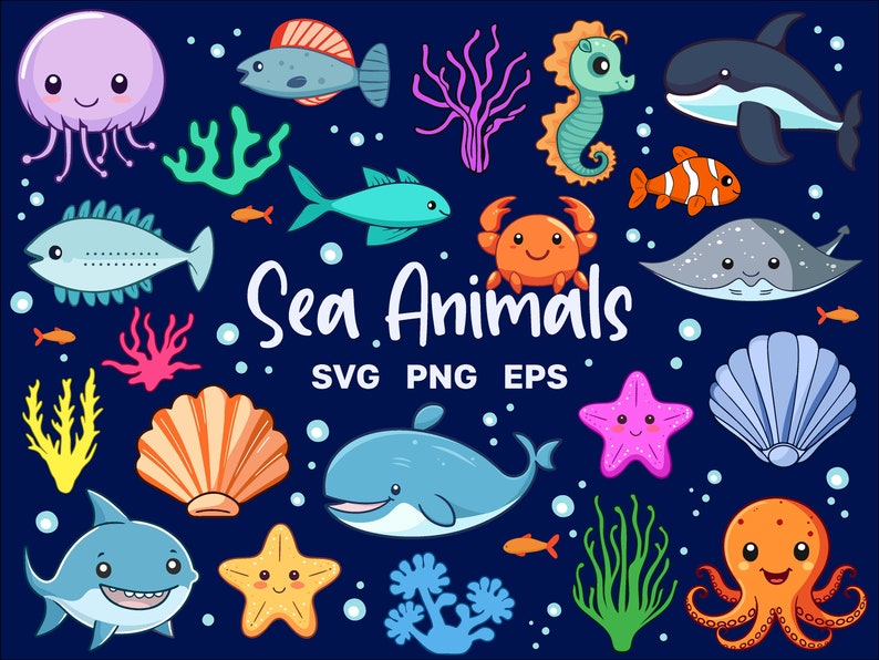 Sea Animals SVG Clipart Cute Sea Life Bundle Ocean Underwater SVG Clip ...
