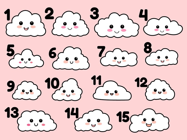 Cute Clouds SVG Clipart Kawaii Clouds Vector Clouds Bundle Cricut ...
