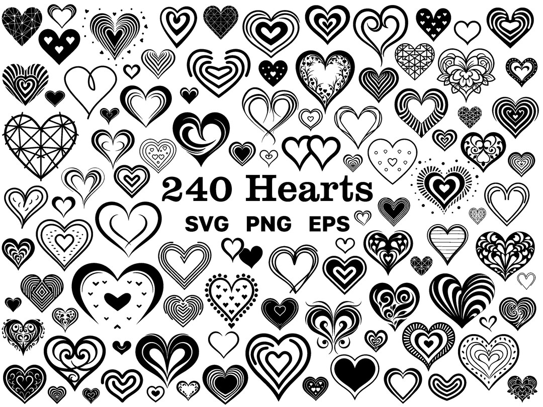 240 Hearts SVG Clipart - Drawn Hearts Silhouette PNG Bundle - Valentine ...