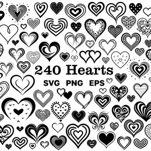 240 Hearts SVG Clipart Drawn Hearts Silhouette PNG Bundle Valentine ...