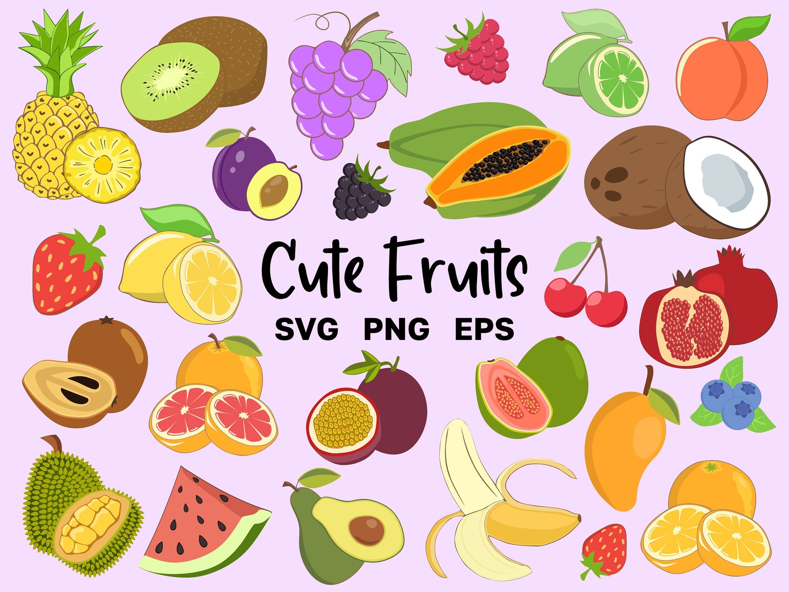 Fruits SVG Clipart Cute Fruits PNG Bundle Decor Elements - Etsy