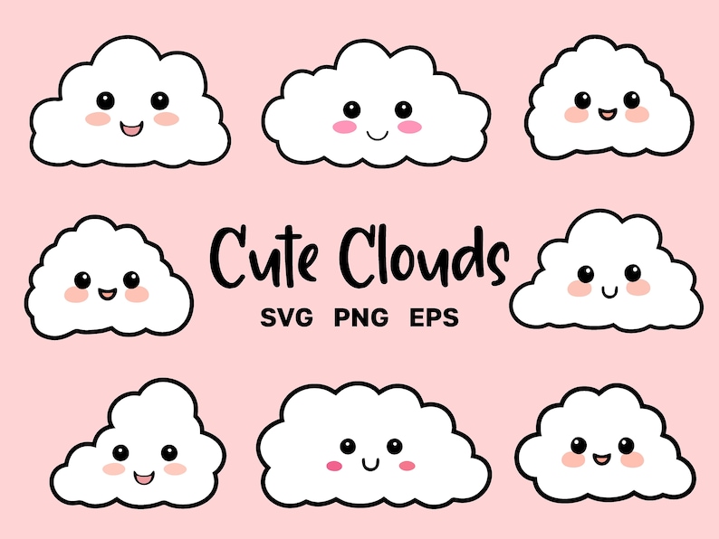 Cute Clouds SVG Clipart Kawaii Clouds Vector Clouds Bundle Cricut ...